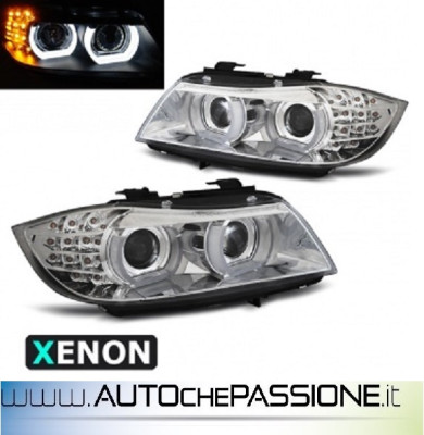 Coppia fanali anteriori cromati con anelli luminosi per BMW SERIE 3 E90 ...